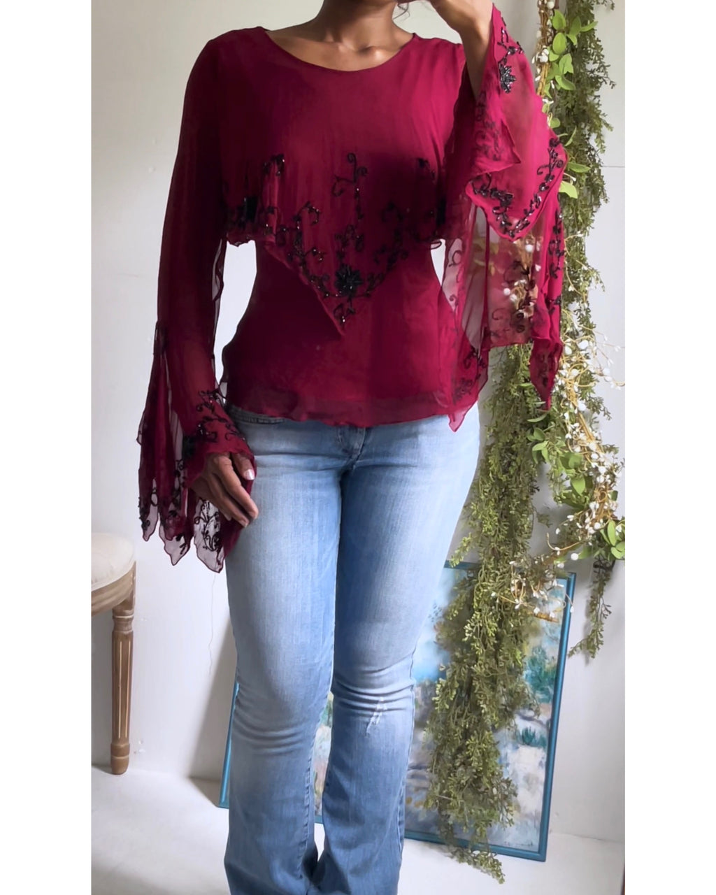 Rare Vintage Y2K Crimson Silk Beaded Flare Sleeve Top – Masha&Jlynn